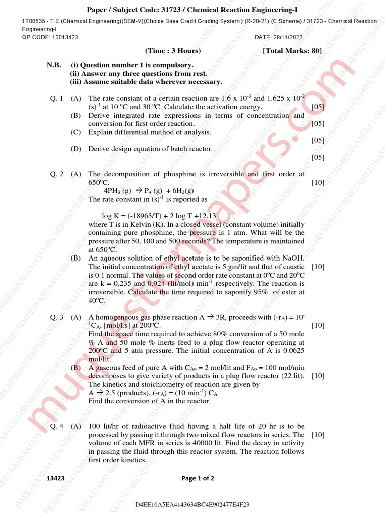 Be Chemical Engineering Semester 5 2022 December Chemical Reaction Engineering Irev 2019 C ...