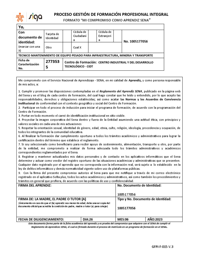 Formato Compromiso Del Aprendiz | PDF