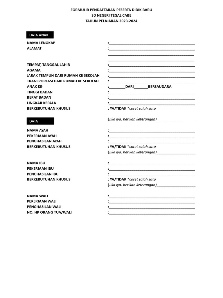 Formulir Pendaftaran Peserta Didik Baru | PDF Formulir Pendaftaran Peserta Didik Baru | PDF