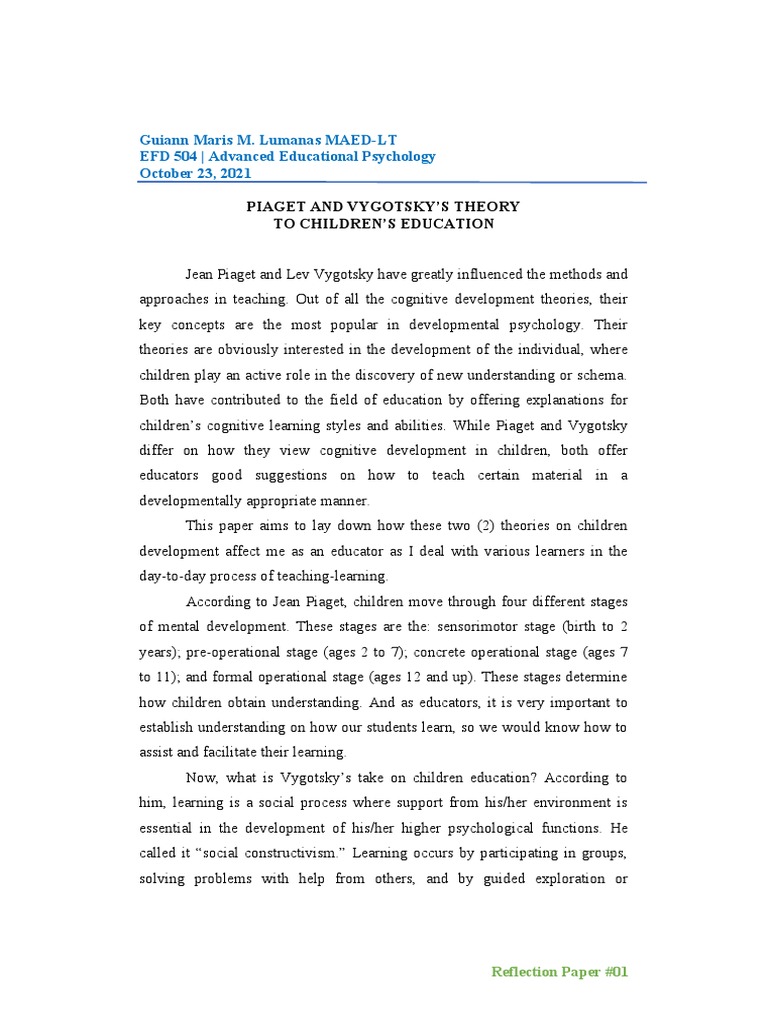 Reflection Paper #01 | PDF | Cognitive Development | Learning