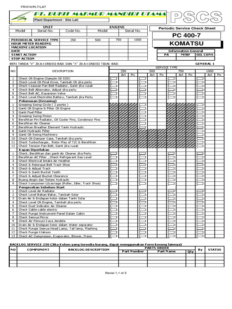 0010 - Check Sheet PS PC400-7 KOMATSU | PDF | Equipment | Machines