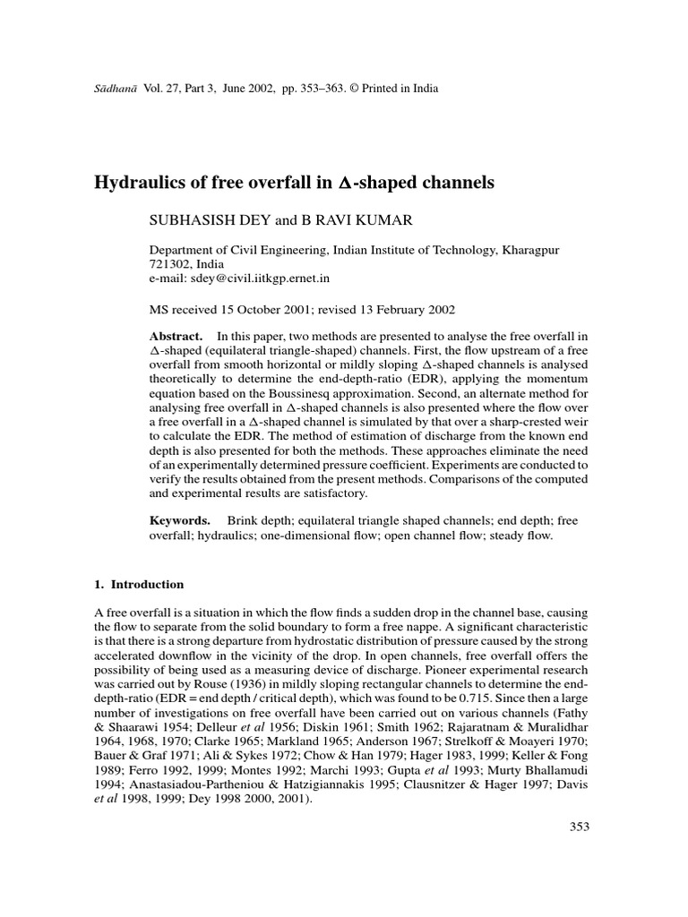 Hydraulics of Free Overfall in 1-Shaped Channels | PDF | Continuum ...