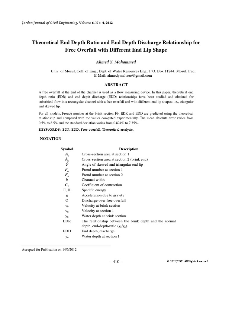 Theoretical End Depth Ratio and End Depth Discharge Relationship For ...