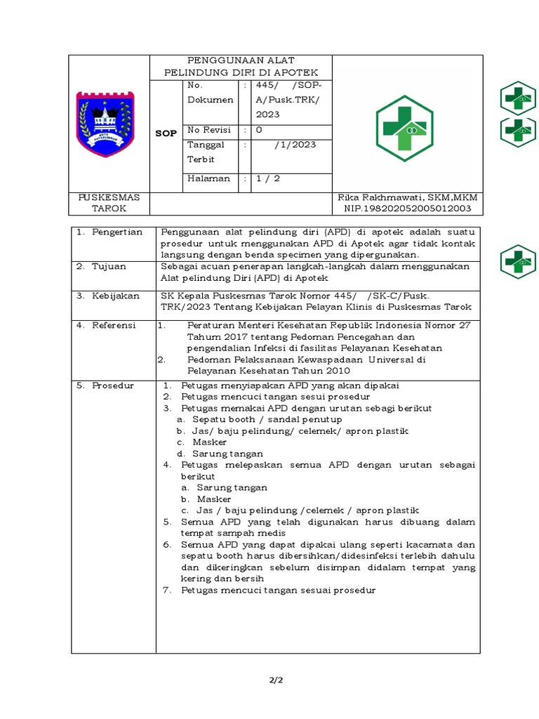 Sop Penggunaan Alat Pelindung Diri Di Apotek | PDF