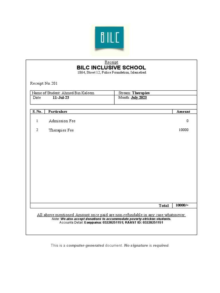 Sample School Receipt For Fees | PDF