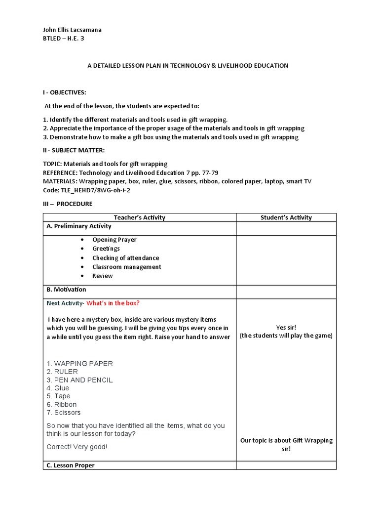 Detailed Lesson Plan in Gift Wrapping | PDF | Adhesive | Scissors