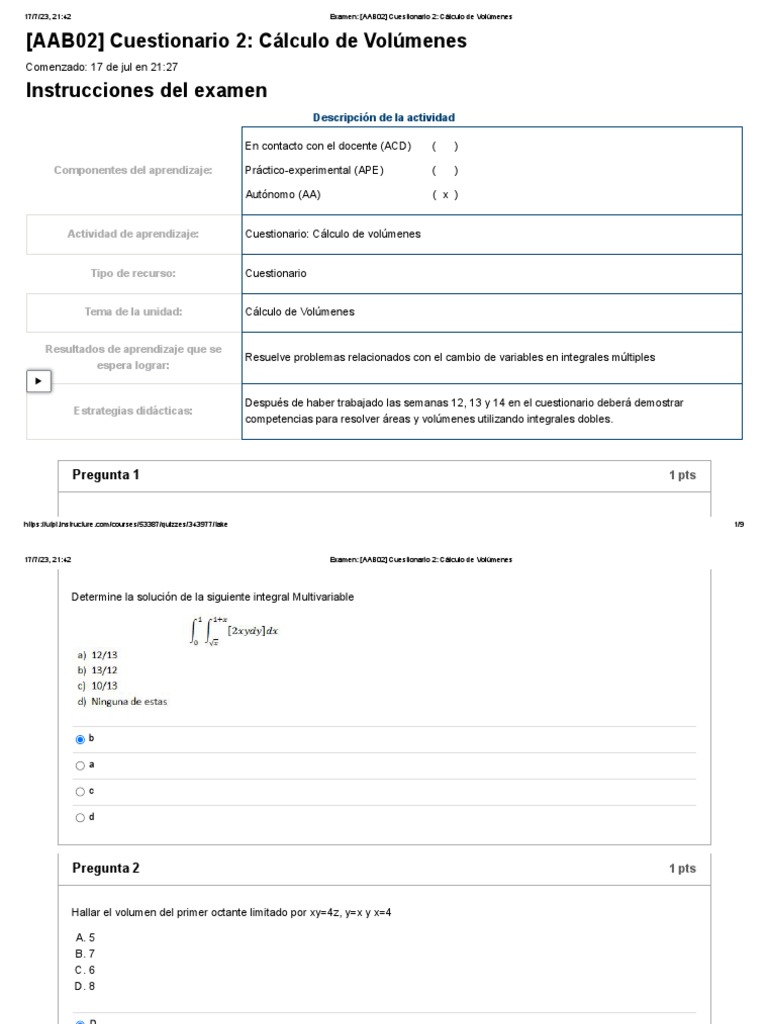 Examen_ [AAB02] Cuestionario 2_ Cálculo de Volúmenes | PDF | Integral | Zona