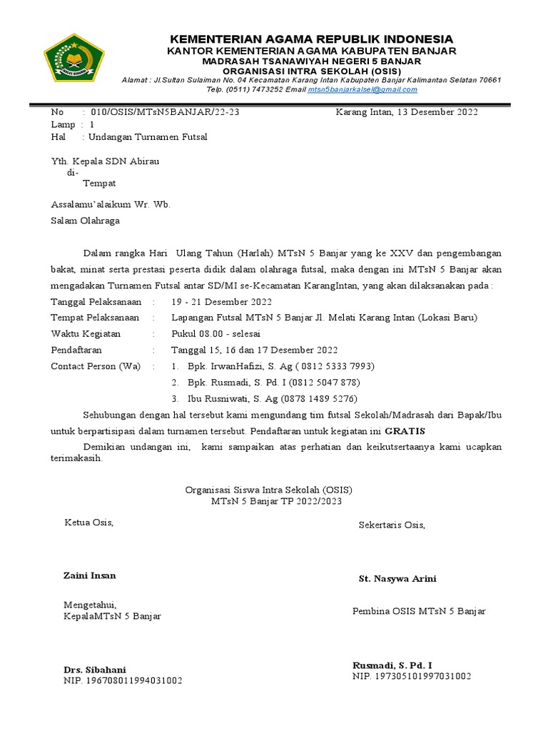 Undangan Turnamen Futsal MTsN 5 Banjar | PDF | Olahraga & Rekreasi