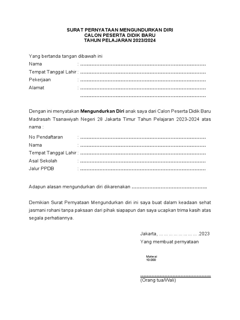 Surat Pernyataan Mengundurkan Diri Ppdb 2023 | PDF