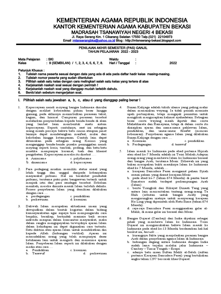 Soal MGMP SKI PAS Ganjil - Kelas IX 2021 | PDF