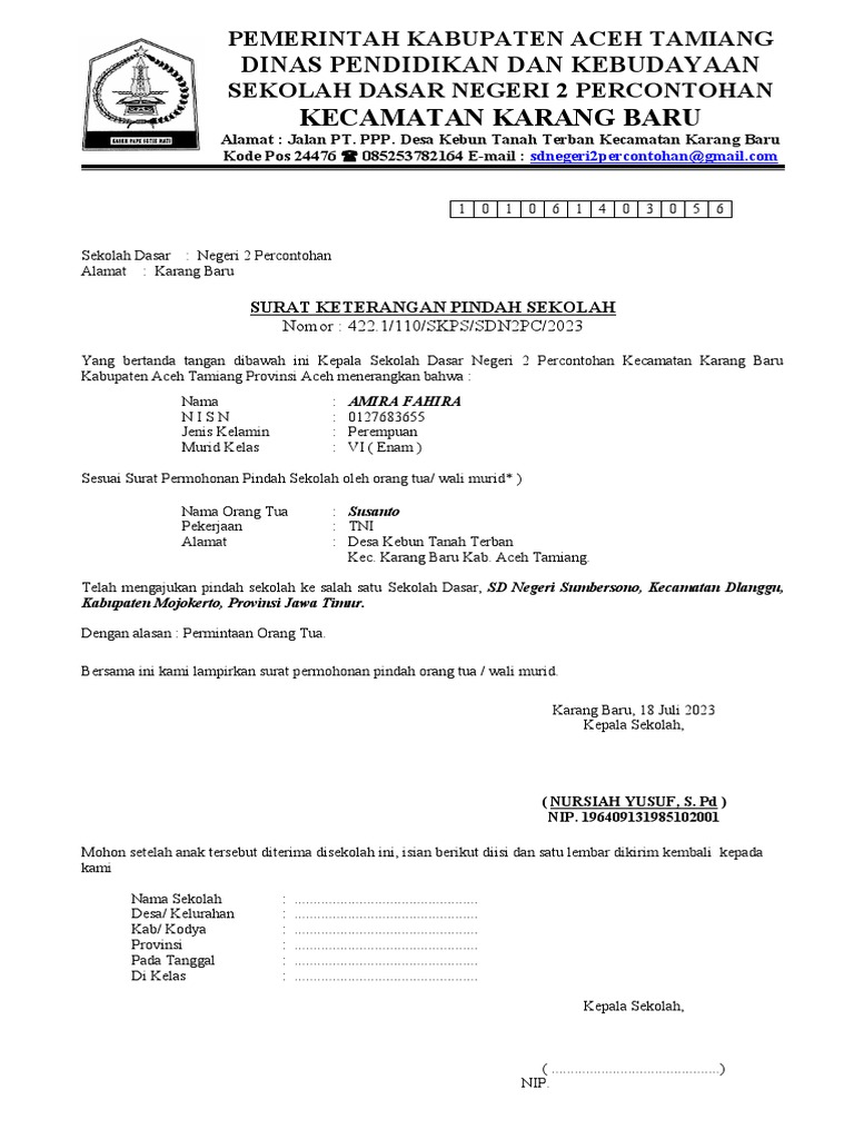 Surat Keterangan Pindah Siswa Pdf