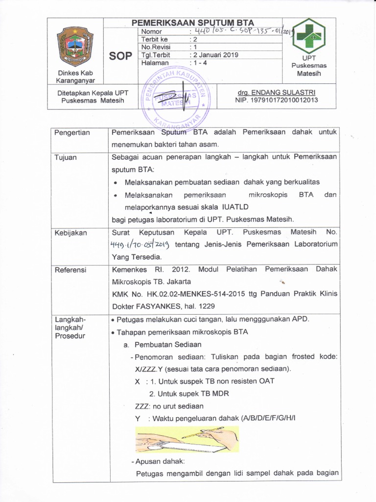 Sop Pemeriksaan Sputum Bta Upt Puskesmas Matesih | PDF
