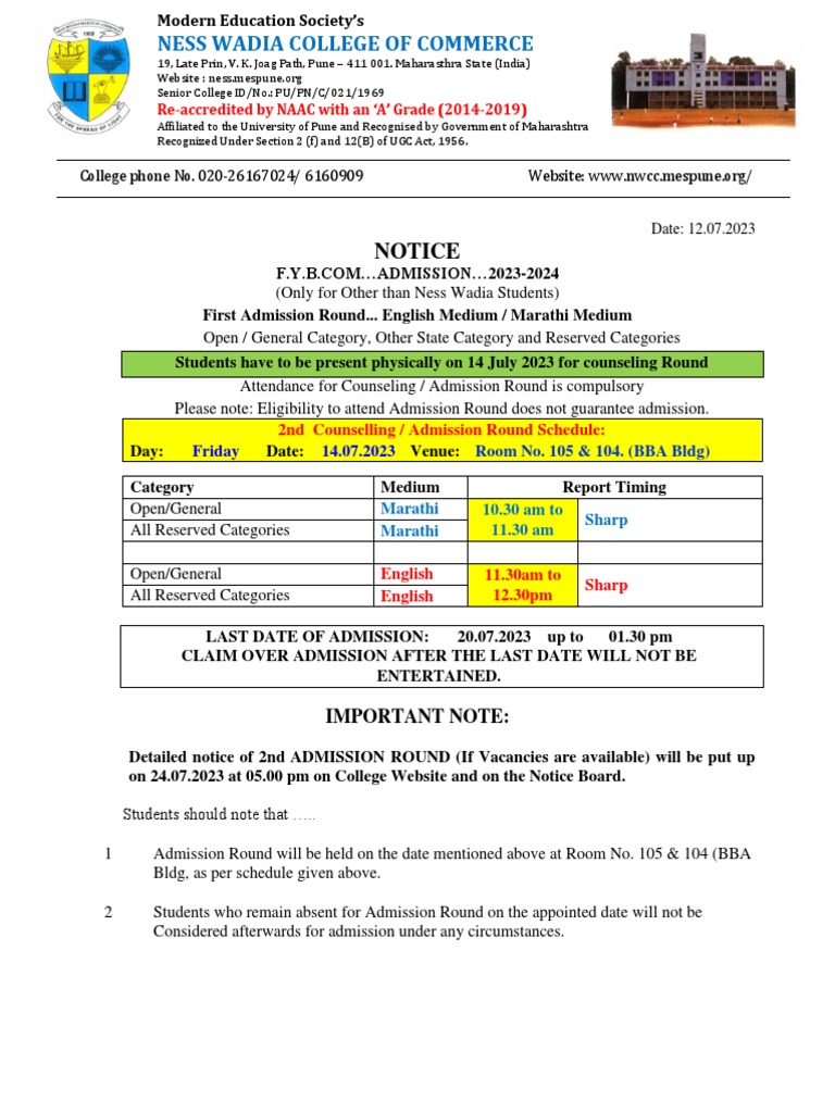 Notice. 2nd F.Y.B.com Merit List - 2023 24 | PDF