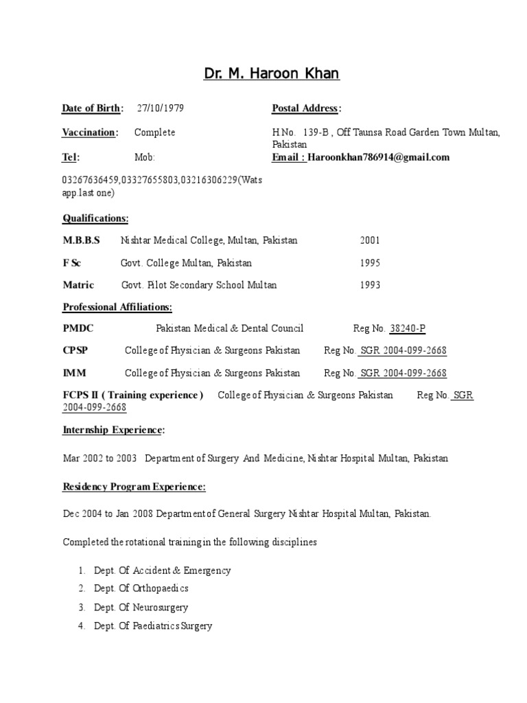 CV DR - Haroon Multan | Download Free PDF | Surgery | Intensive Care Unit