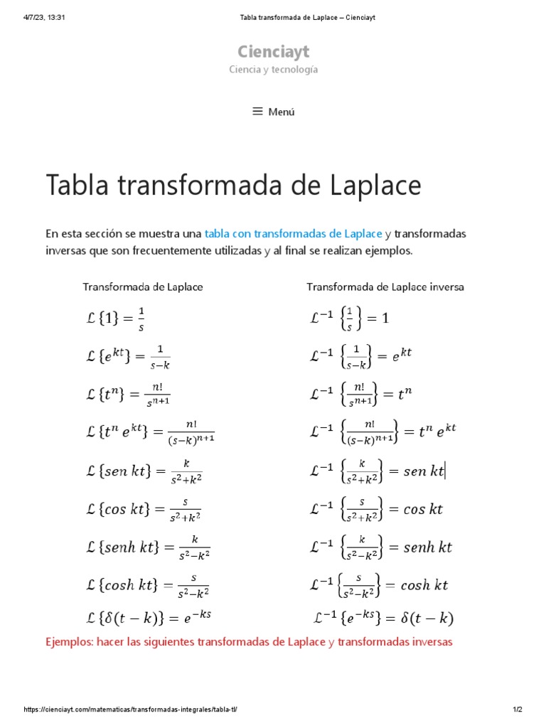 Tabla transformada de Laplace – Cienciayt | PDF