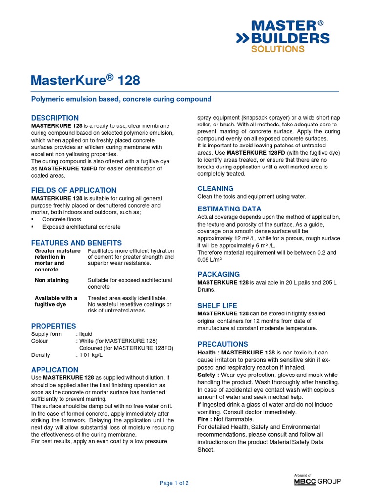 Masterkure 128 Tds | PDF | Concrete | Water
