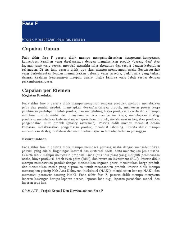 Capaian Projek Kreatif Fase F SMK | PDF