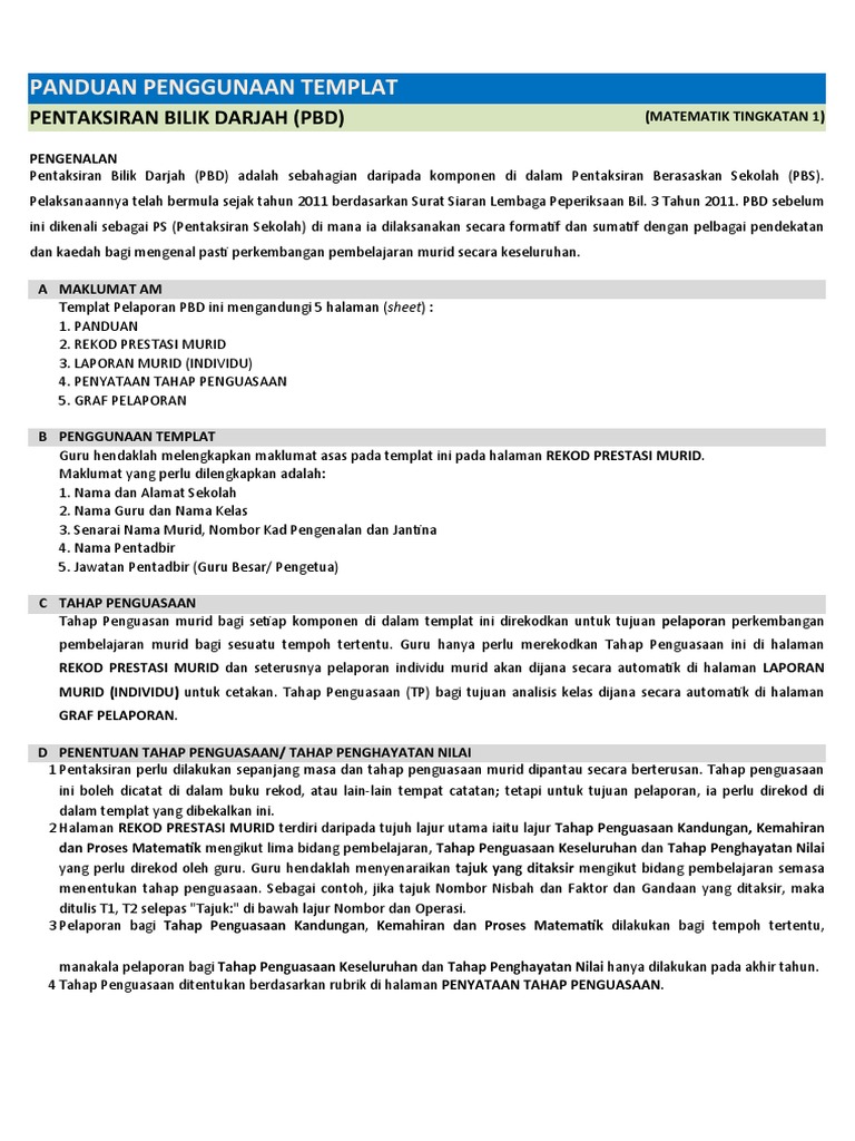 Templat Pelaporan PBD Ting 1 Matematik | PDF