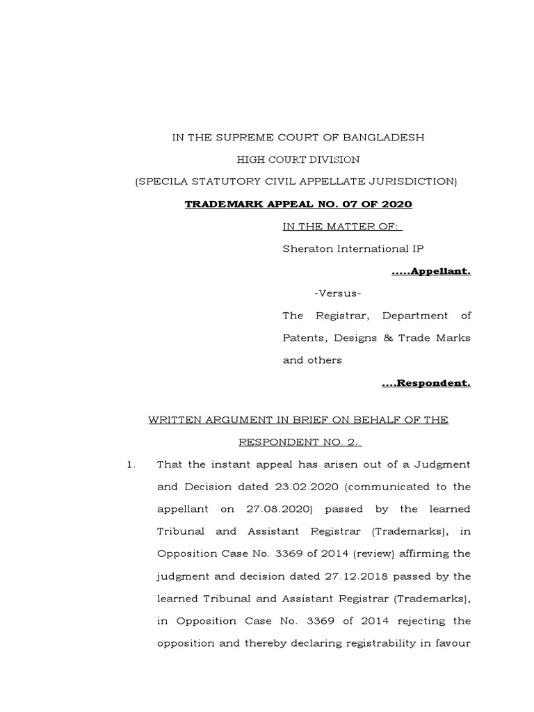 Written Argument Trademark Appeal 7 of 2020-Sheraton | PDF | Trademark ...