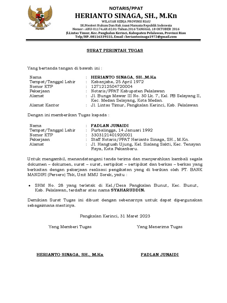 Surat Tugas Notaris Herianto Sinaga | PDF