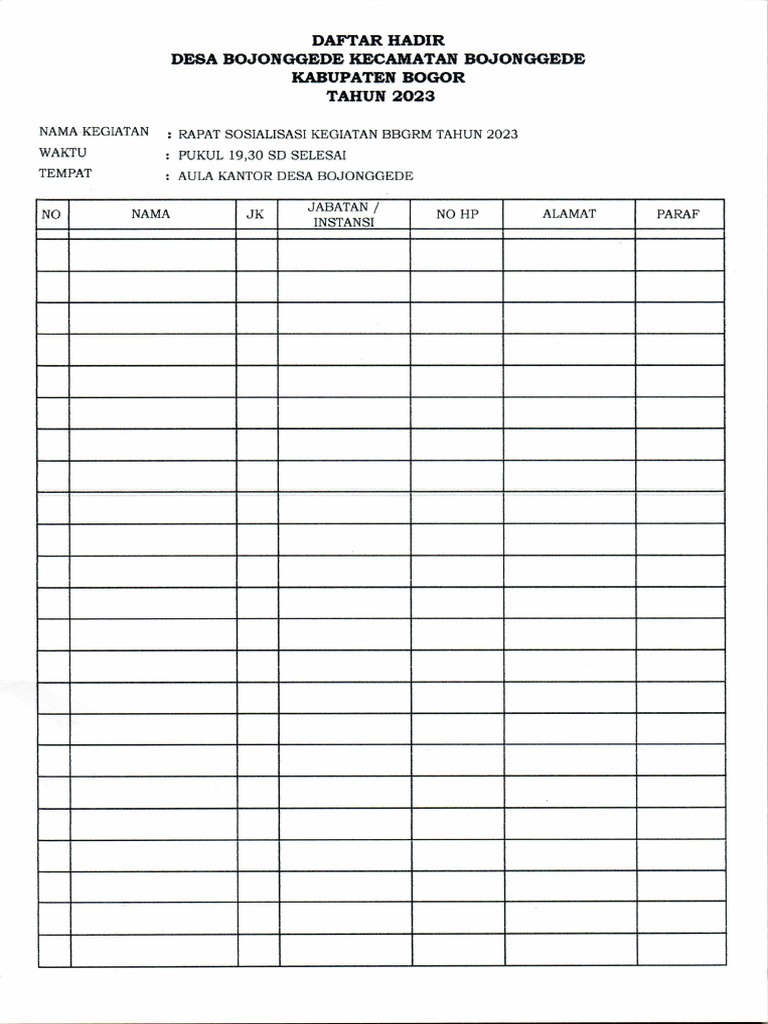 Daftar Hadir BBGRM | PDF