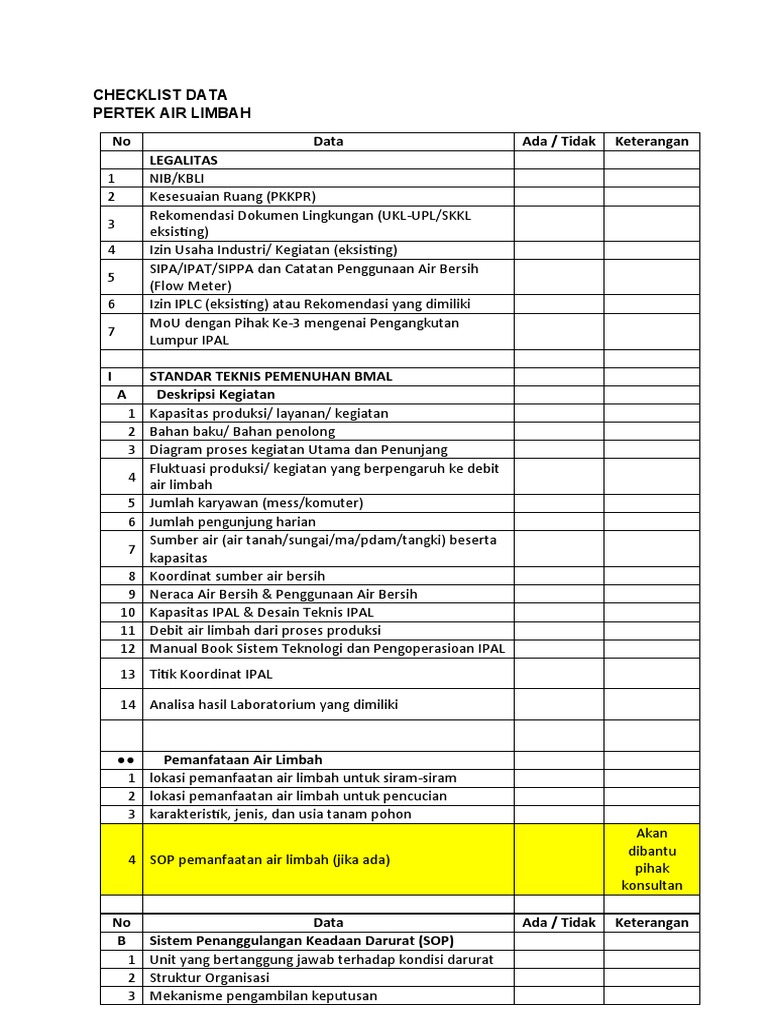 Checklist Data Pertek Air Limbah | PDF