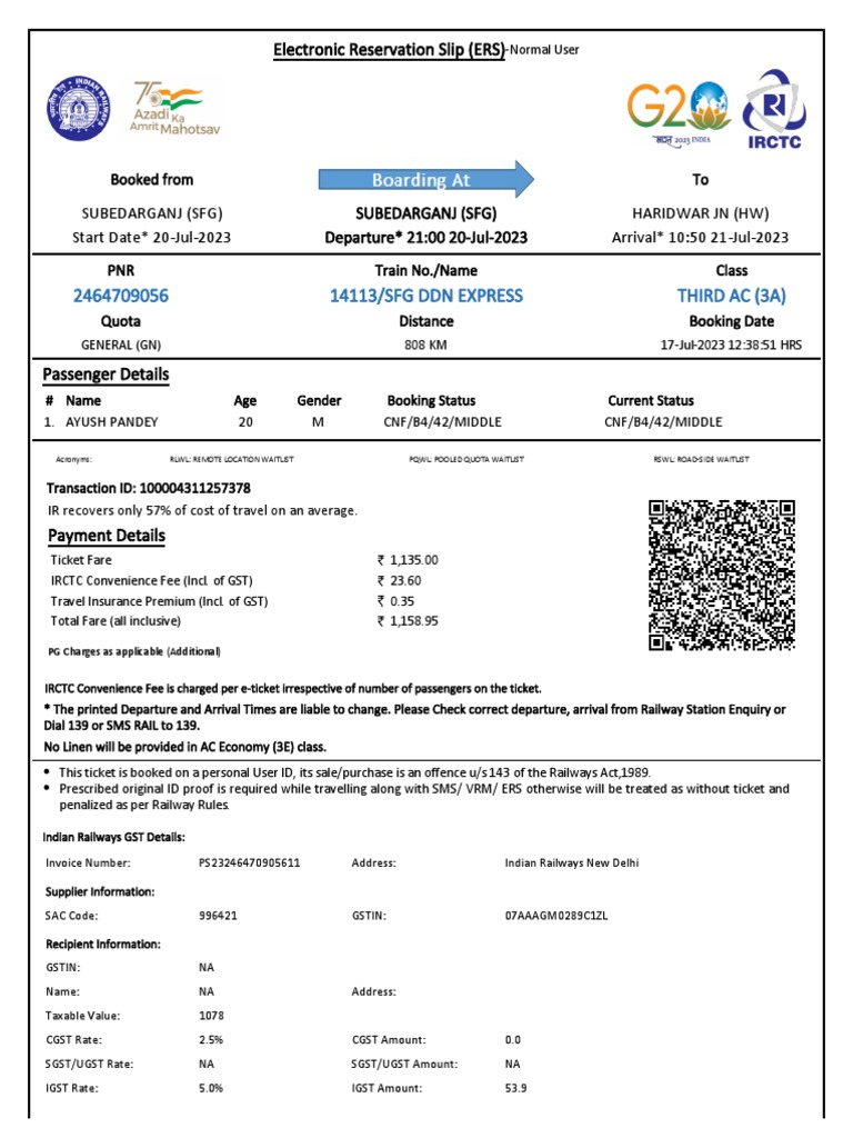 14113/Sfg DDN Express Third Ac (3A) | PDF | Identity Document