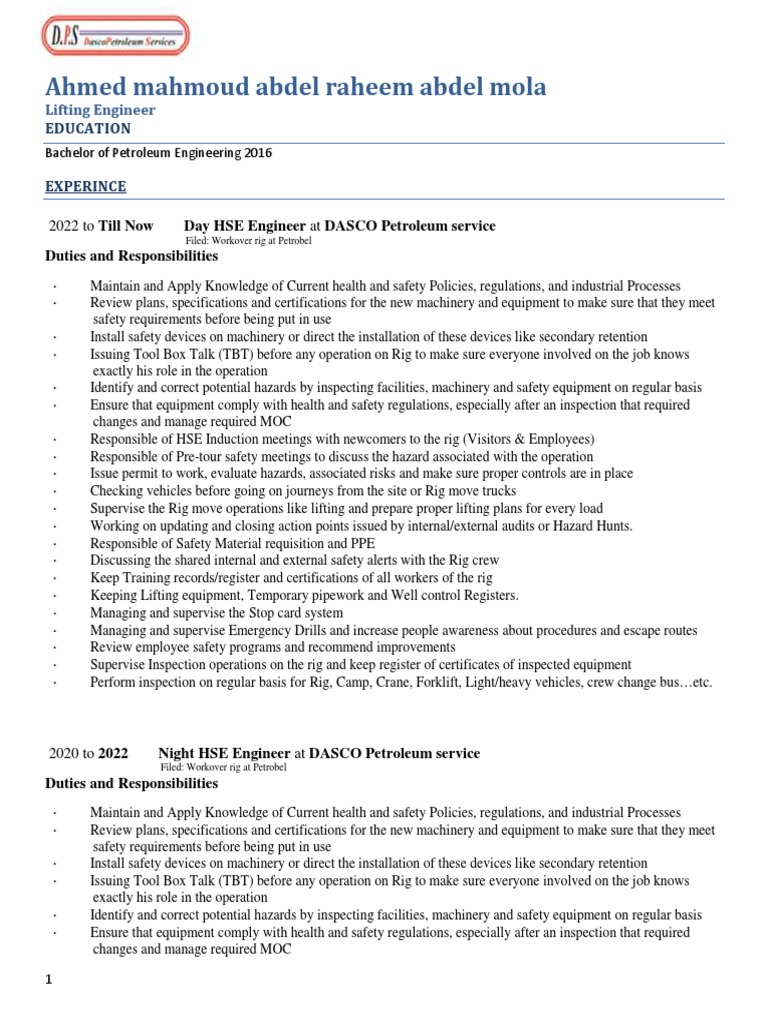 HSE & Lifting Engineer Resume | PDF | Occupational Safety And Health ...