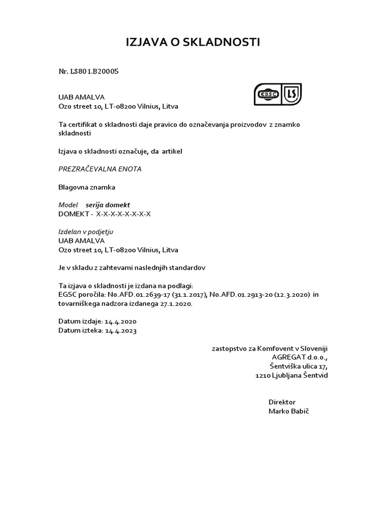 IZJAVA O SKLADNOSTI - Domekt - Slo - 2020-2023 | PDF