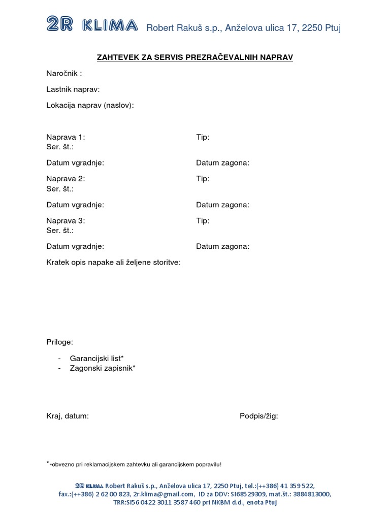 Zahtevek Za Servis Prezračevalnih Naprav | PDF