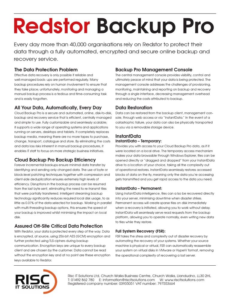 Redstor Backup Pro Datasheet | PDF | Backup | Cloud Computing