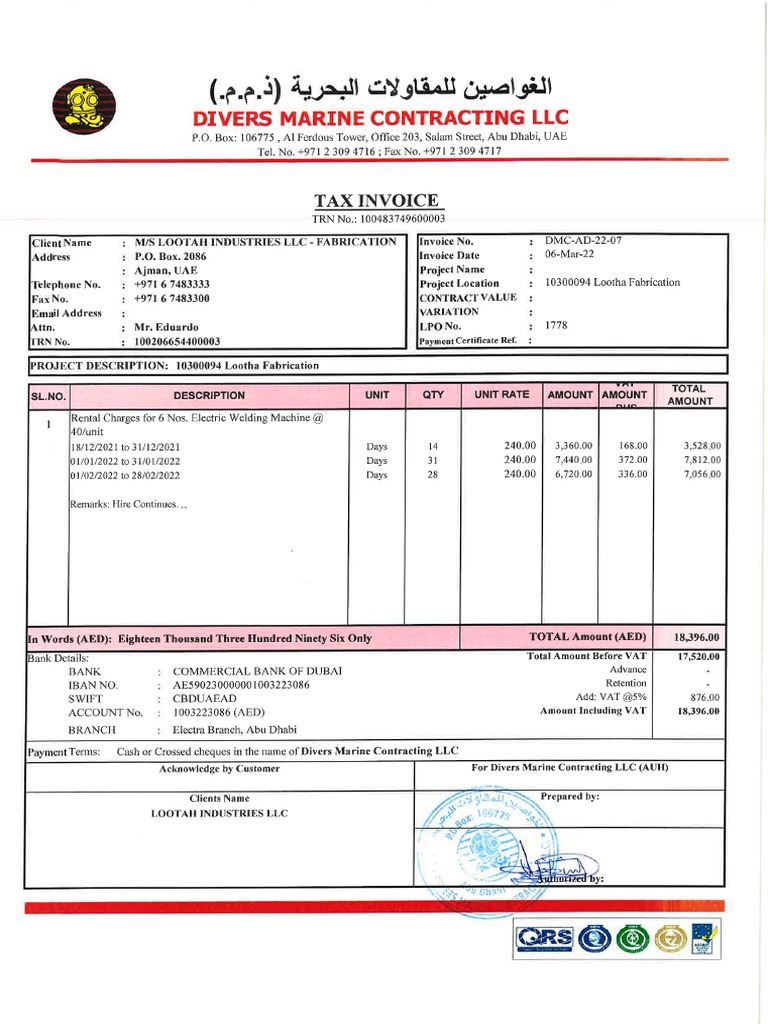 Invoice No.dmc AD 22 07 Lootah Industries | PDF