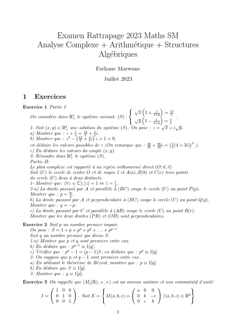 Correction Examen Rattrapage Maths SM 2023 | PDF | Anneau ...