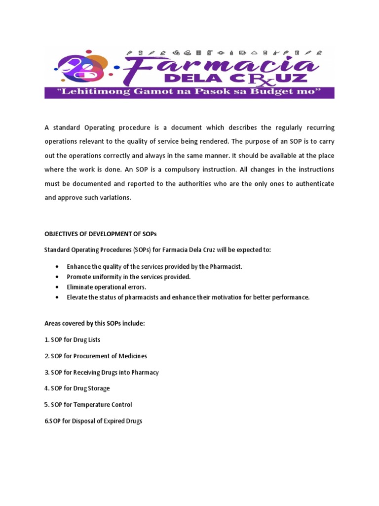 Objectives of Development of Sops | PDF | Pharmacy | Medicine