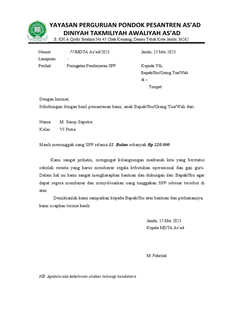 Surat Pemberitahuan SPP 2023 | PDF
