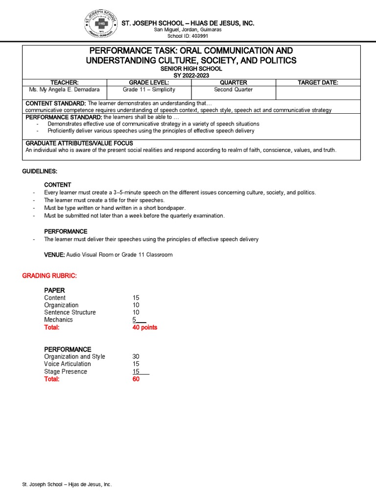 ORAL COMM PERFORMANCE TASK 2nd Quarter | PDF ORAL COMM PERFORMANCE TASK 2nd Quarter | PDF