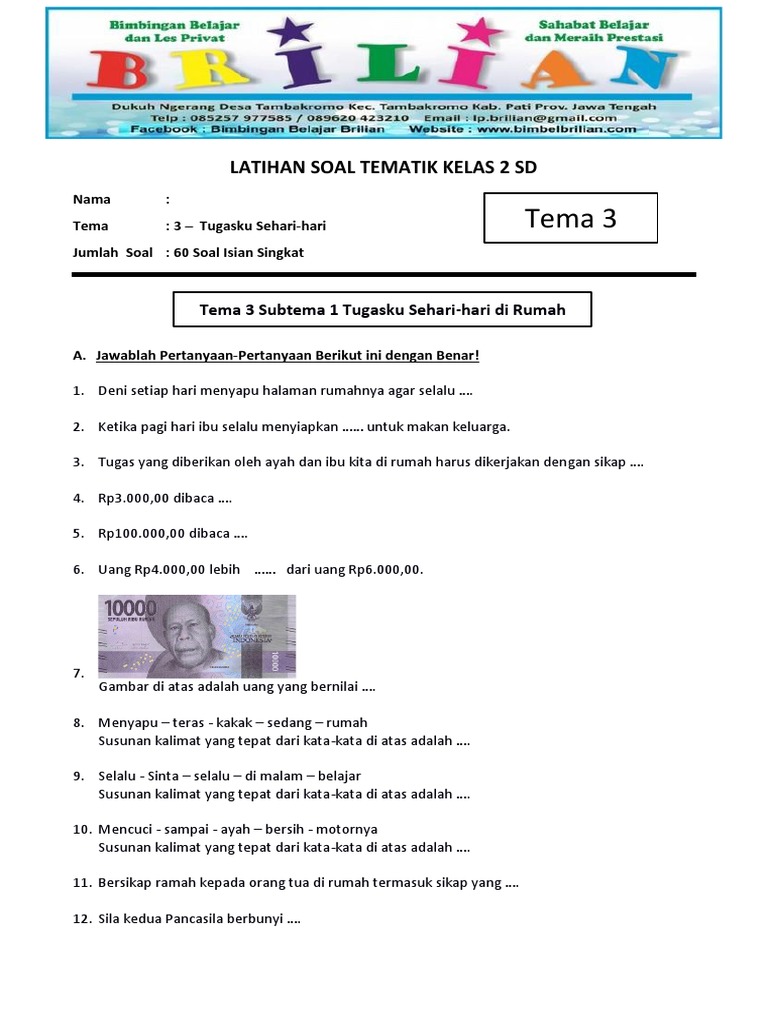 Soal Isian Singkat Kelas 2 SD Tema 3 Tugasku Sehari-Hari | PDF ...