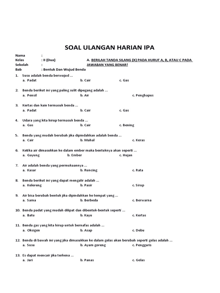 Soal IPA Kelas 2 SD Bab 4 Bentuk Dan Wujud Benda Dan Kunci Jawaban | PDF
