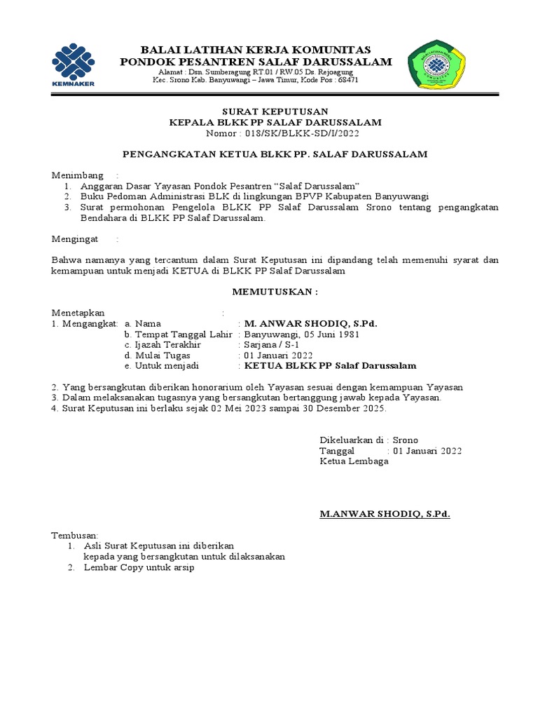 SK Pengangkatan Ketua dan Bendahara BLKK | PDF
