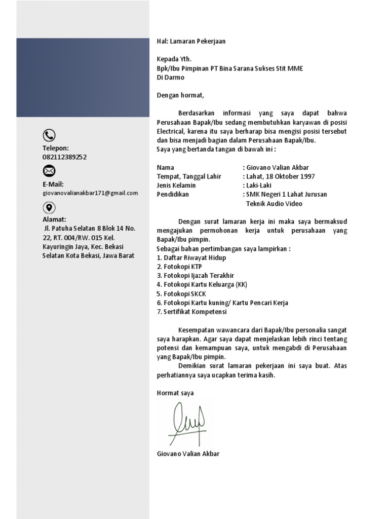 Surat Lamaran PT BSS Di Darmo | PDF