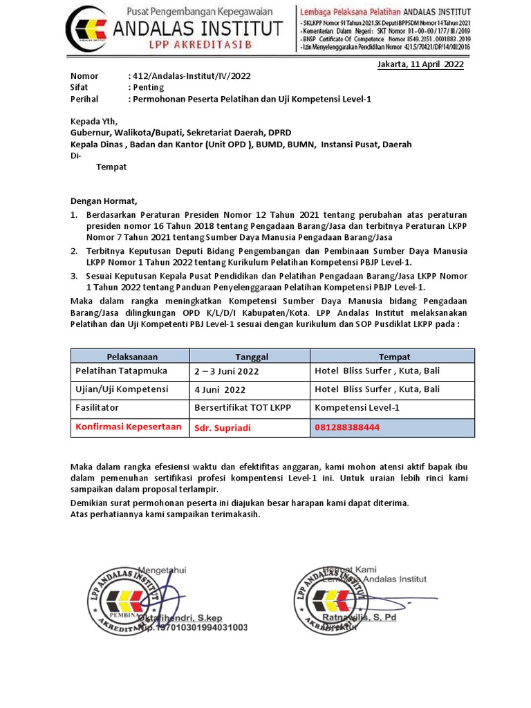 412 - Surat - Penawaran - Pelatihan & Ujian - Sertifikasi - Kompetensi ...