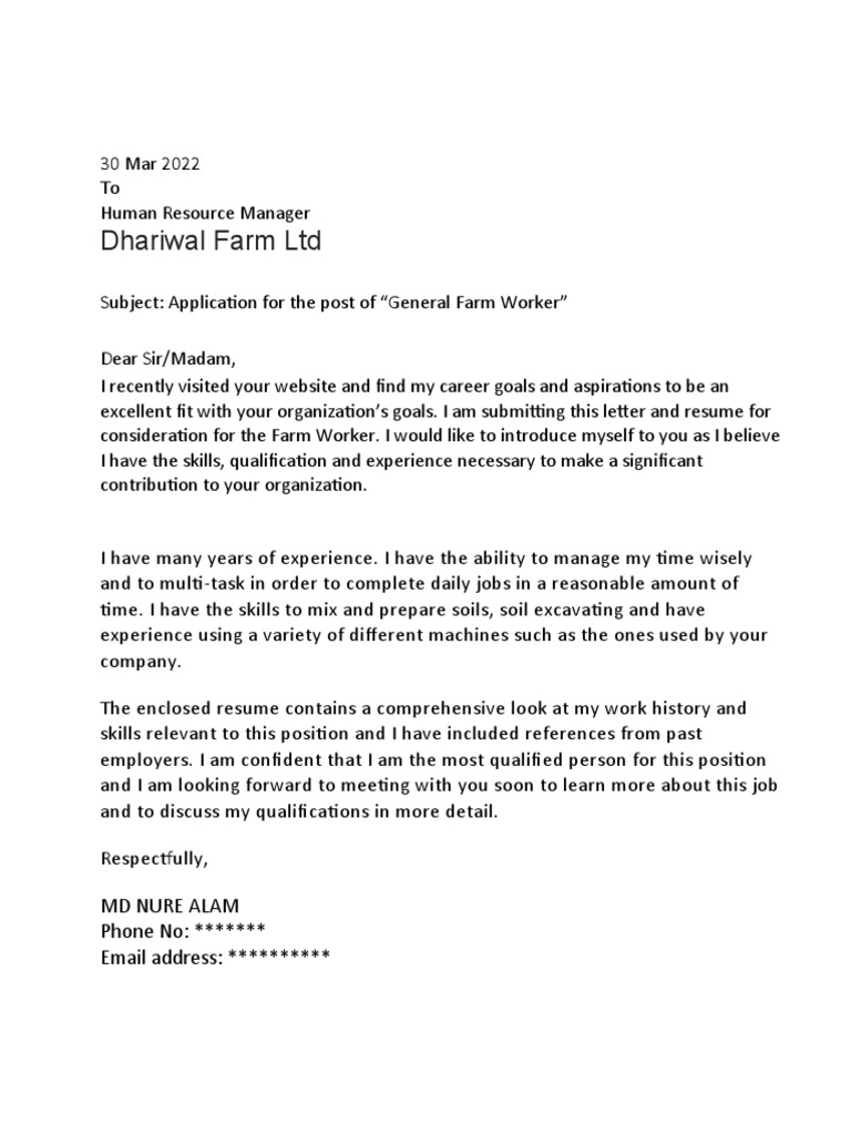 Cover Letter - Farm Worker | PDF