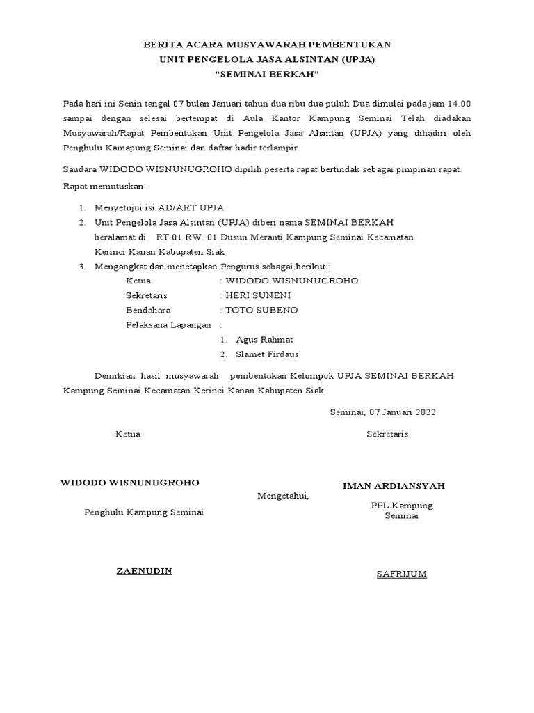 Pembentukan UPJA Seminai Berkah Siak | PDF