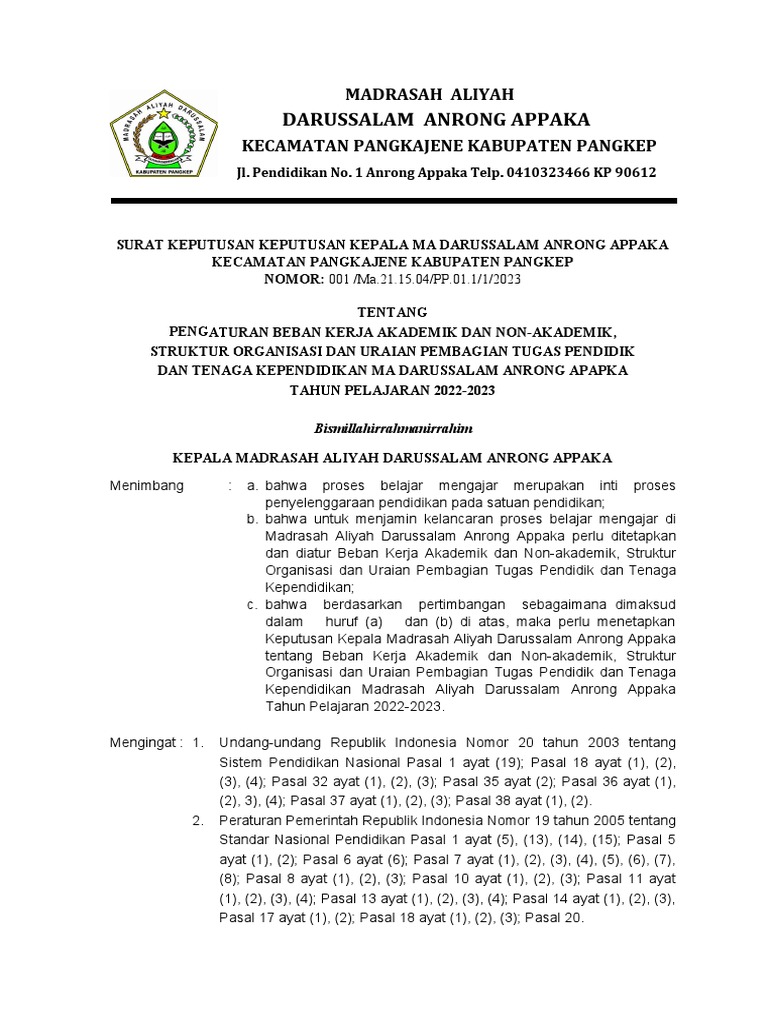 Pengaturan Beban Kerja MA Darussalam | PDF