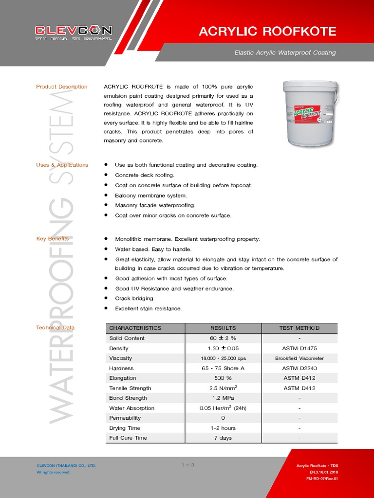 Acrylic WaterProofing Liquide TDS | PDF | Concrete | Acrylic Paint