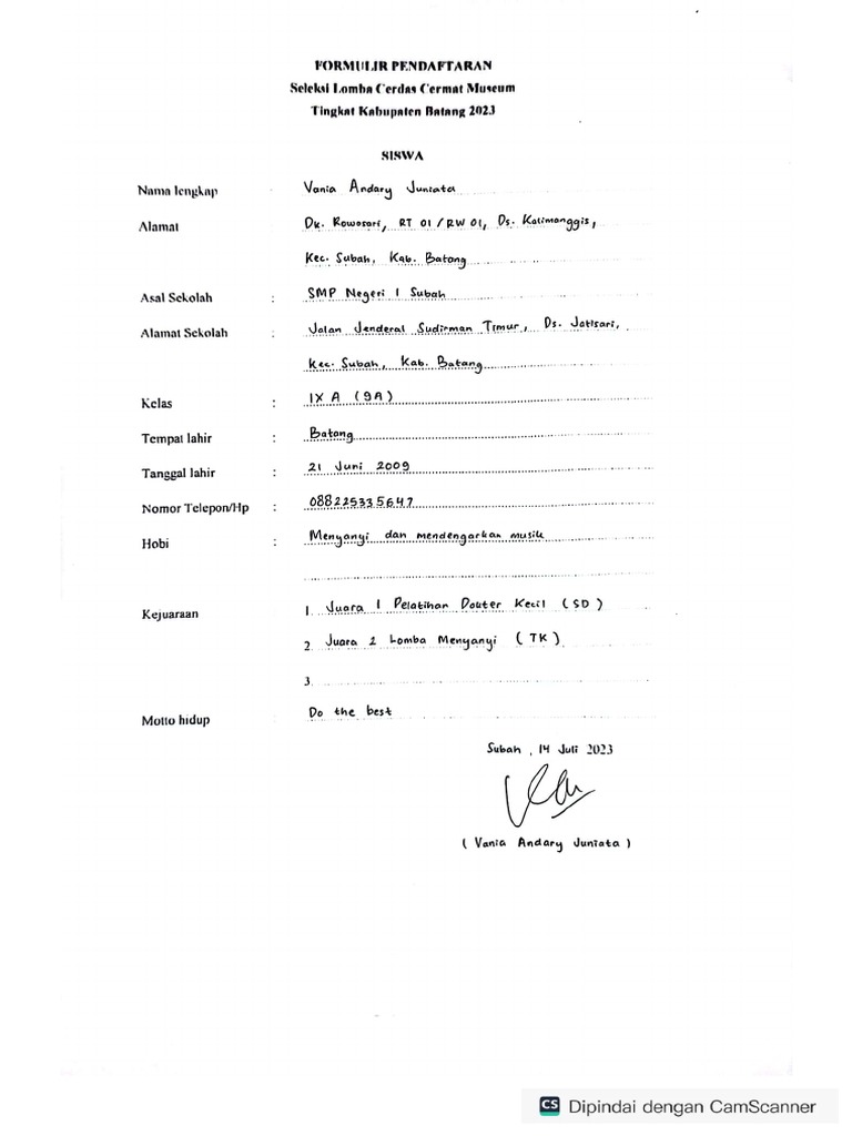 Form Pendaftaran - LCCM - SMP N 1 Subah | PDF