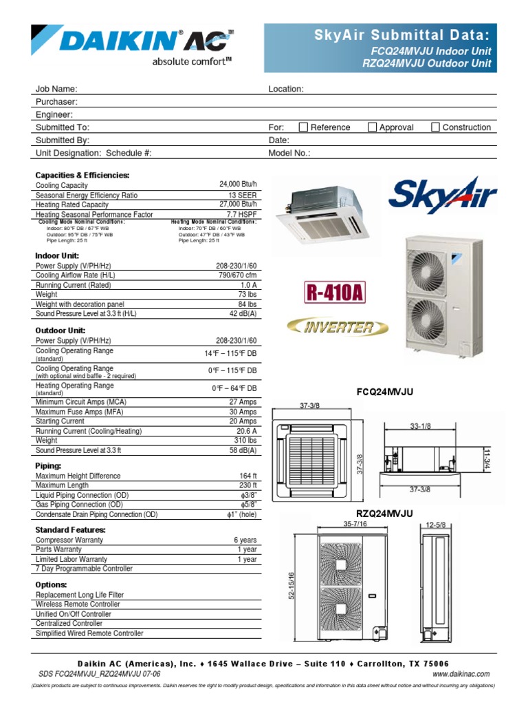Submittal FCQ24MVJU_RZQ24MVJU 07-06 - Daikin | PDF | Thermodynamics ...