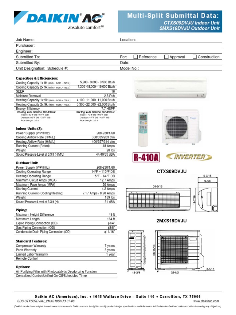 HVAC Engineers' Daikin Specs Sheet | PDF | Air Conditioning | Physical ...