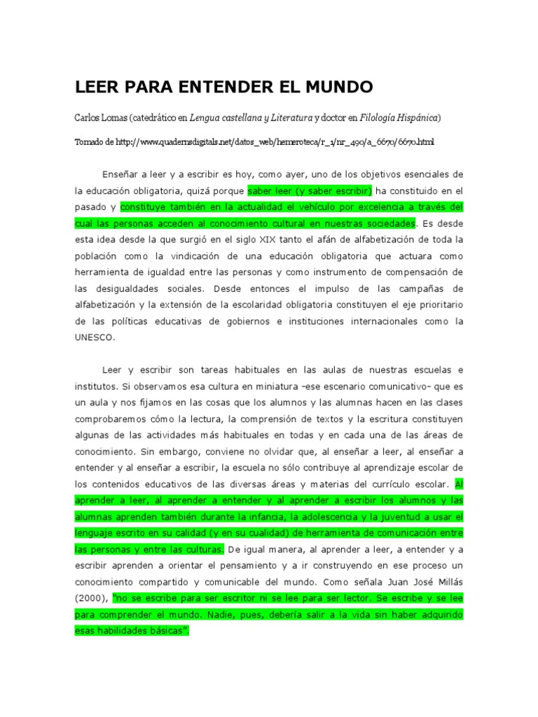 Leer para Entender El Mundo y Otro | PDF | Aprendizaje | Enseñando
