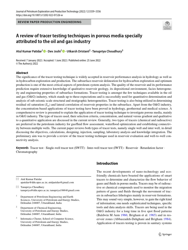 A Review of Tracer Testing Techniques in Porous Media Specially ...